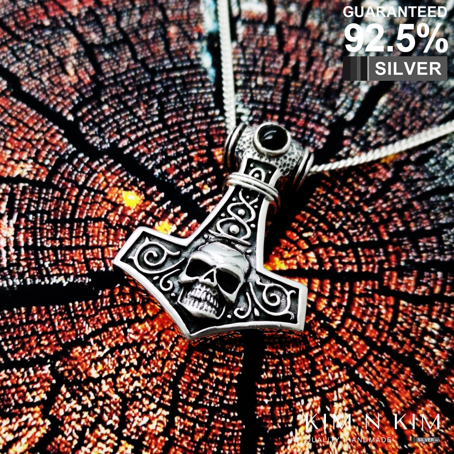 925 Sterling Silver Skull Thor’s Hammer with Onyx Mjolnir Odin Norse ...
