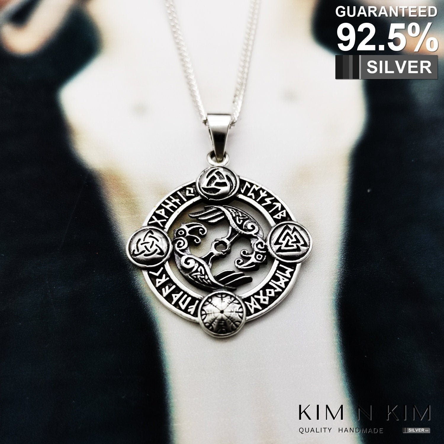 925 Sterling Silver Rune Odin's Ravens Hugin Munin Viking Norse Pendant ...